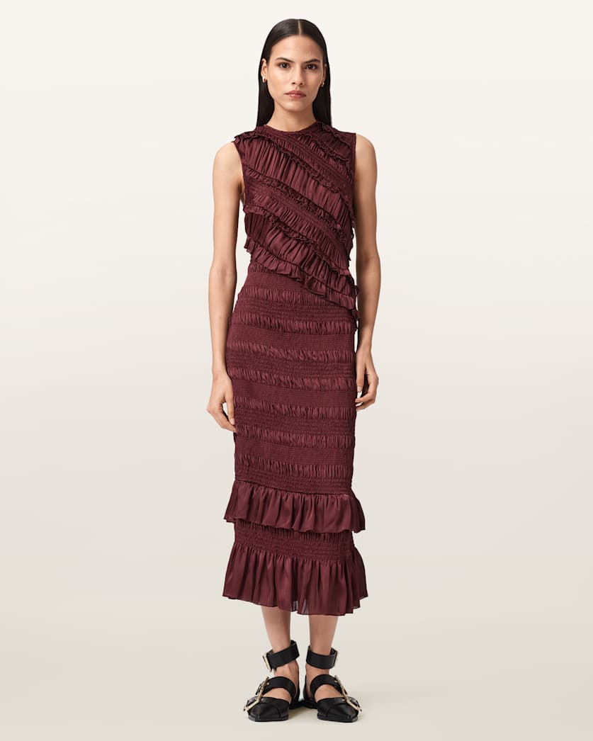 Nyla Ruffled Midi Dress TAWNY PORT RED | ALLSAINTS US